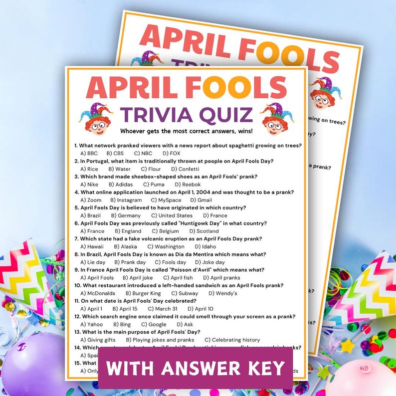 April Fools' Day Trivia Game, Printable April Fools Trivia Quiz, April ...