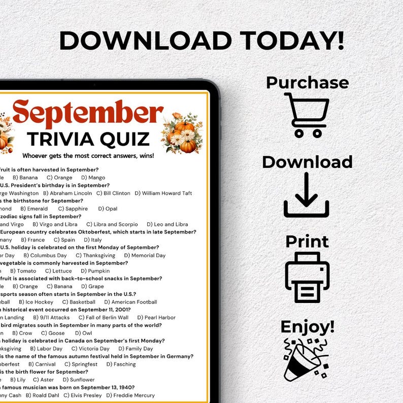 September Trivia Game, Fall Trivia Quiz, Autumn Party Game, Month ...