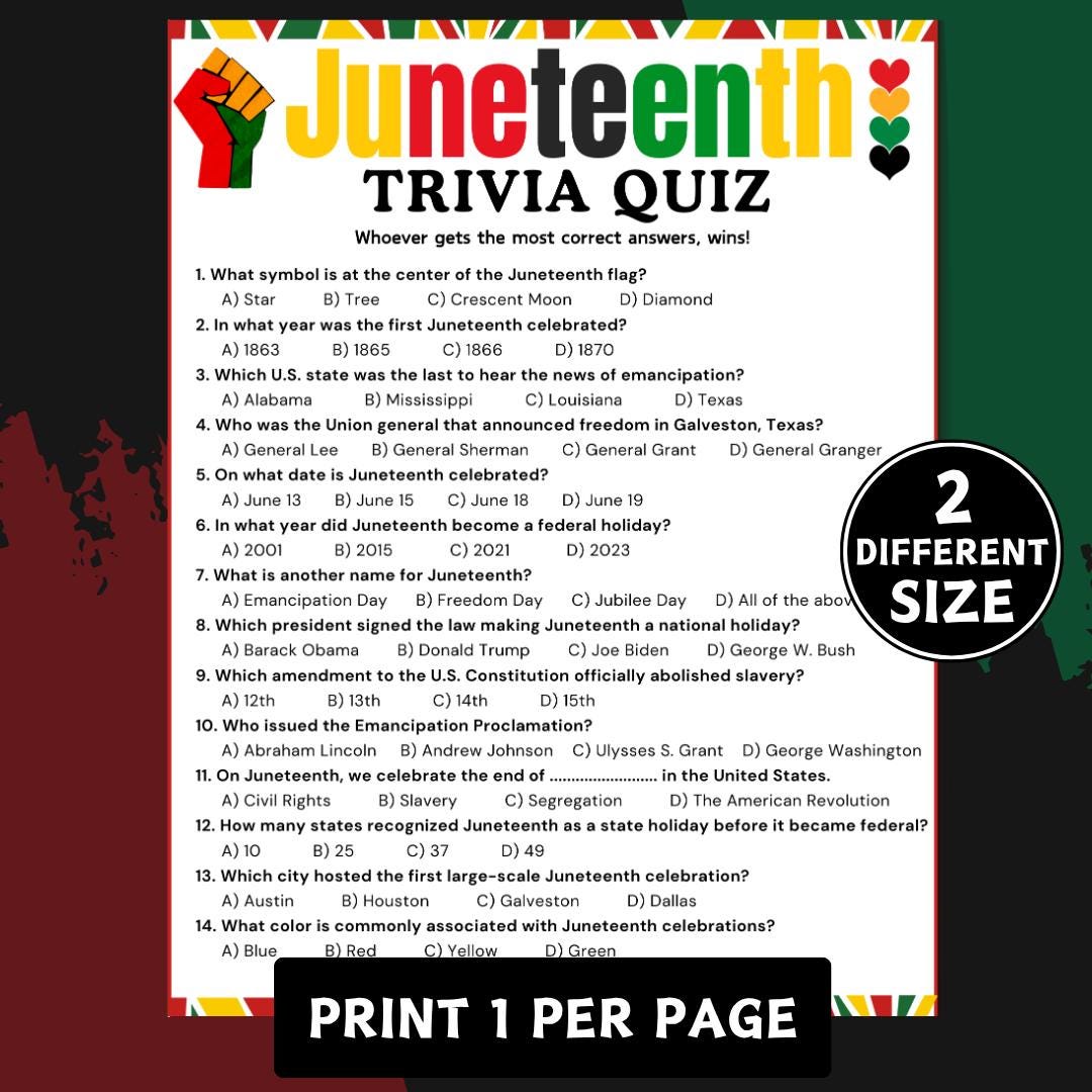 Juneteenth Trivia Game, Printable Juneteenth Games, African American ...