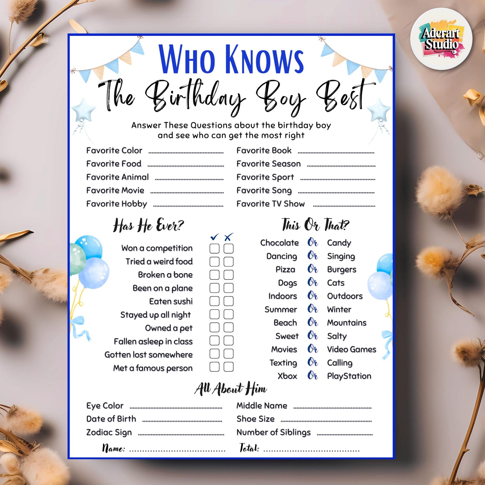 Who Knows the Birthday Boy Best, Printable Birthday Party Game ...
