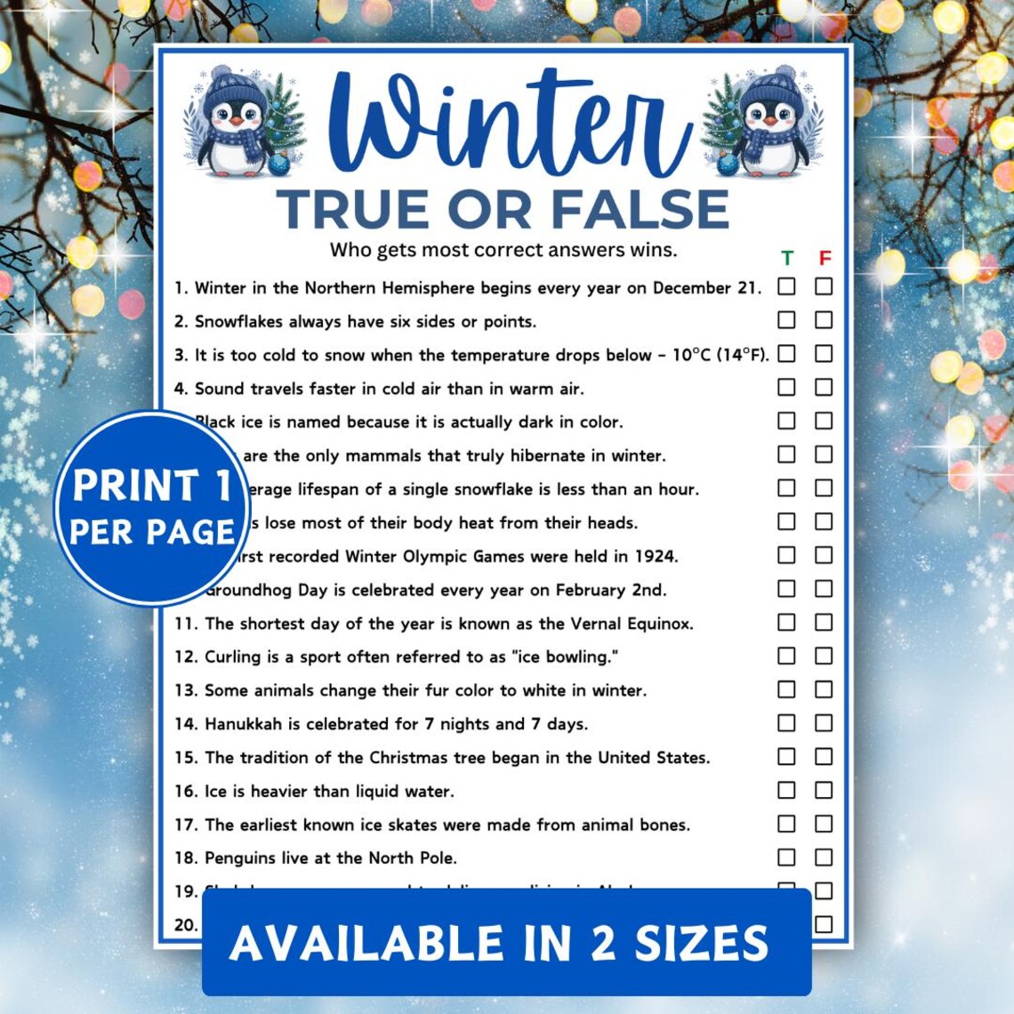 Winter True or False Game, Printable Winter Game, Winter Trivia Quiz ...