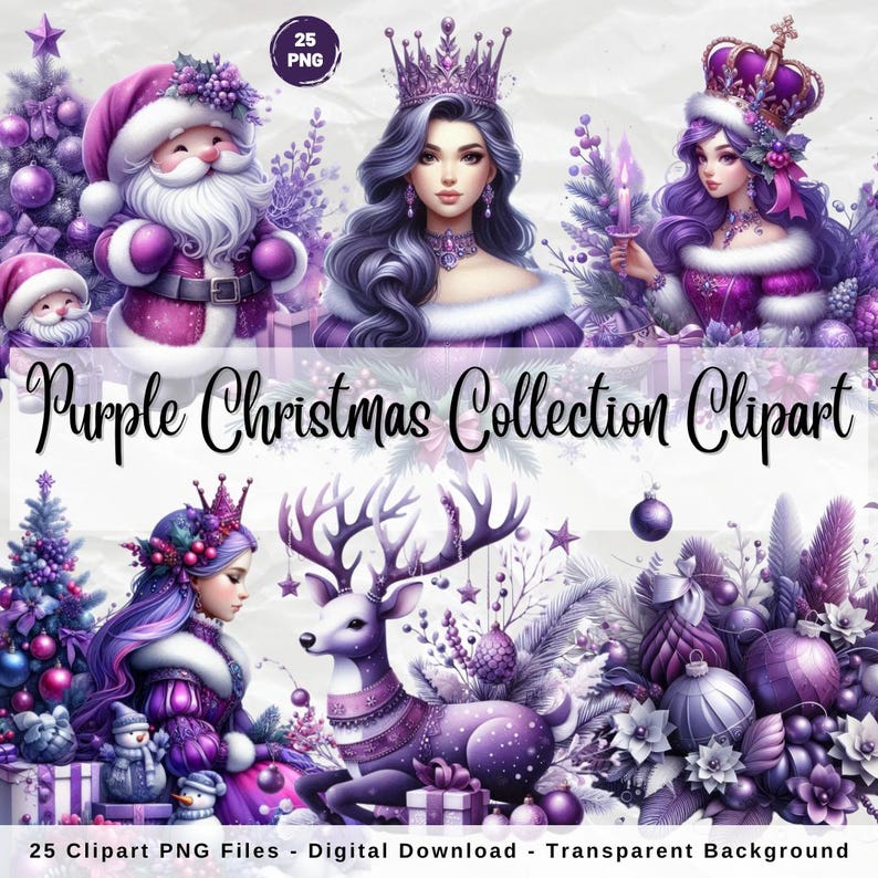 Purple Christmas Collection Clipart, Purple Watercolor Christmas ...