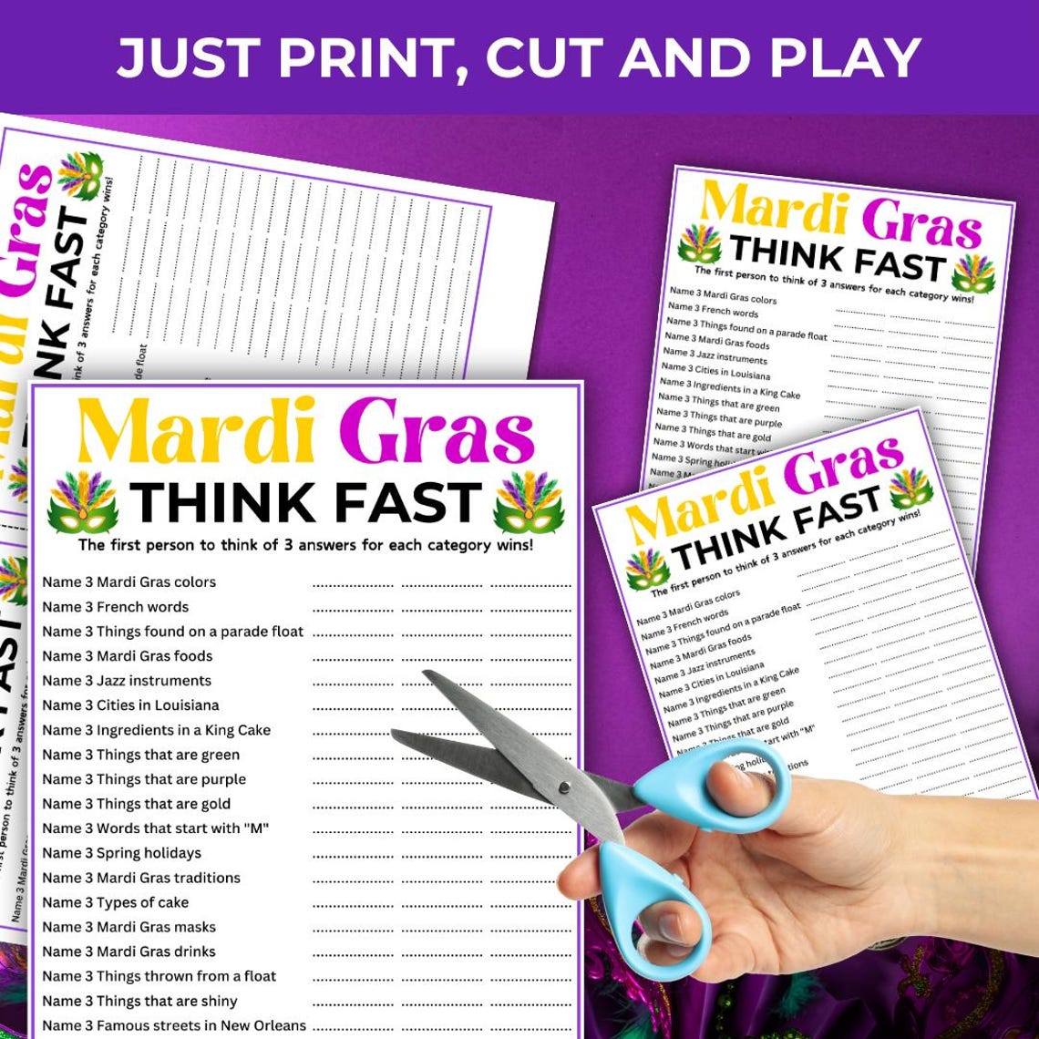 Mardi Gras Think Fast Game! Printable Mardi Gras Games, Think Quick ...
