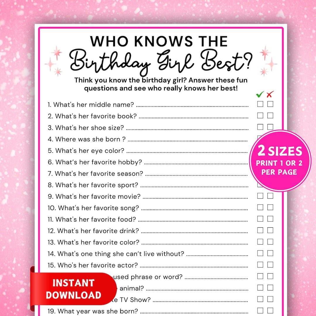 Who Knows the Birthday Girl Best Game, Printable Birthday Party Quiz ...