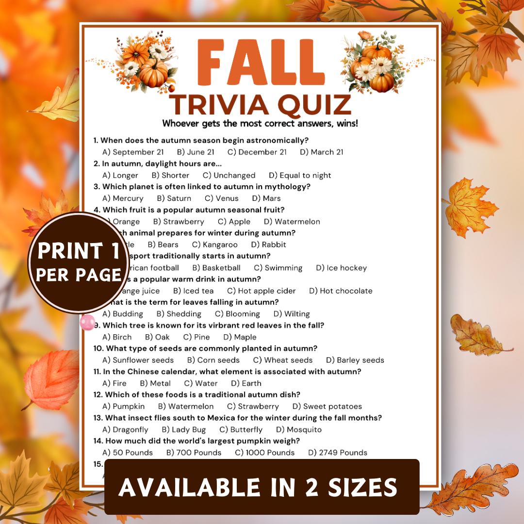 Fall Trivia Game, Autumn Trivia Quiz, Printable Autumn Game, Fall Party ...