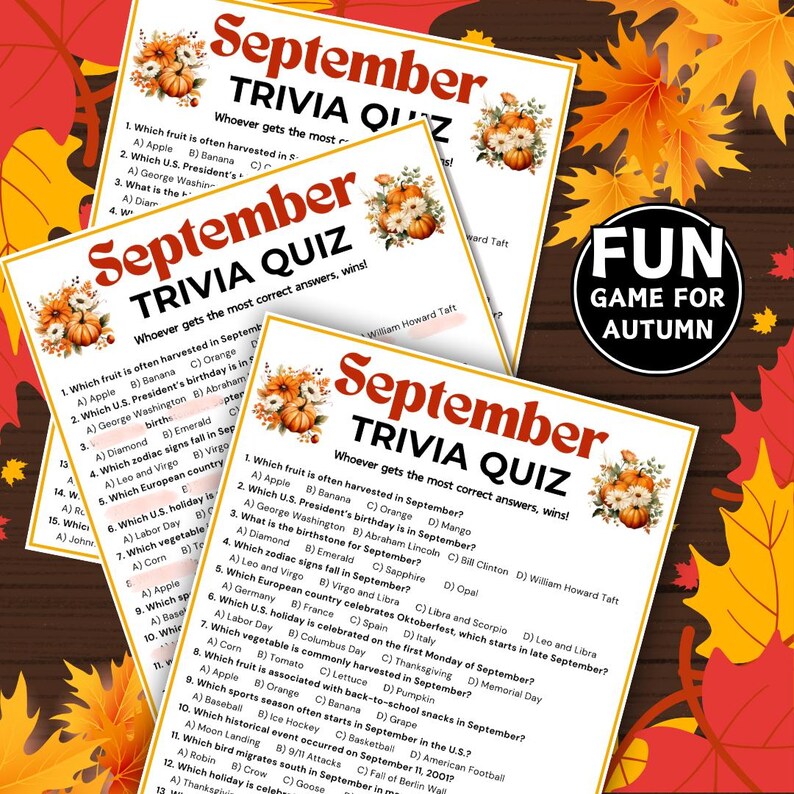 September Trivia Game, Fall Trivia Quiz, Autumn Party Game, Month ...