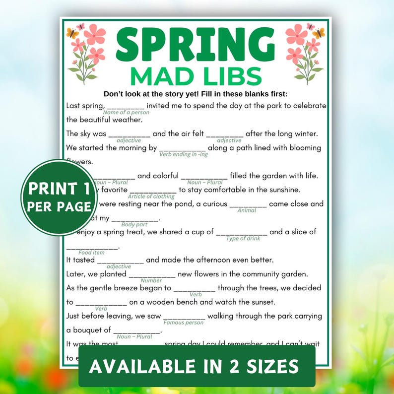 Spring Mad Libs, Printable Spring Game, Spring Party Games, Fun Family ...