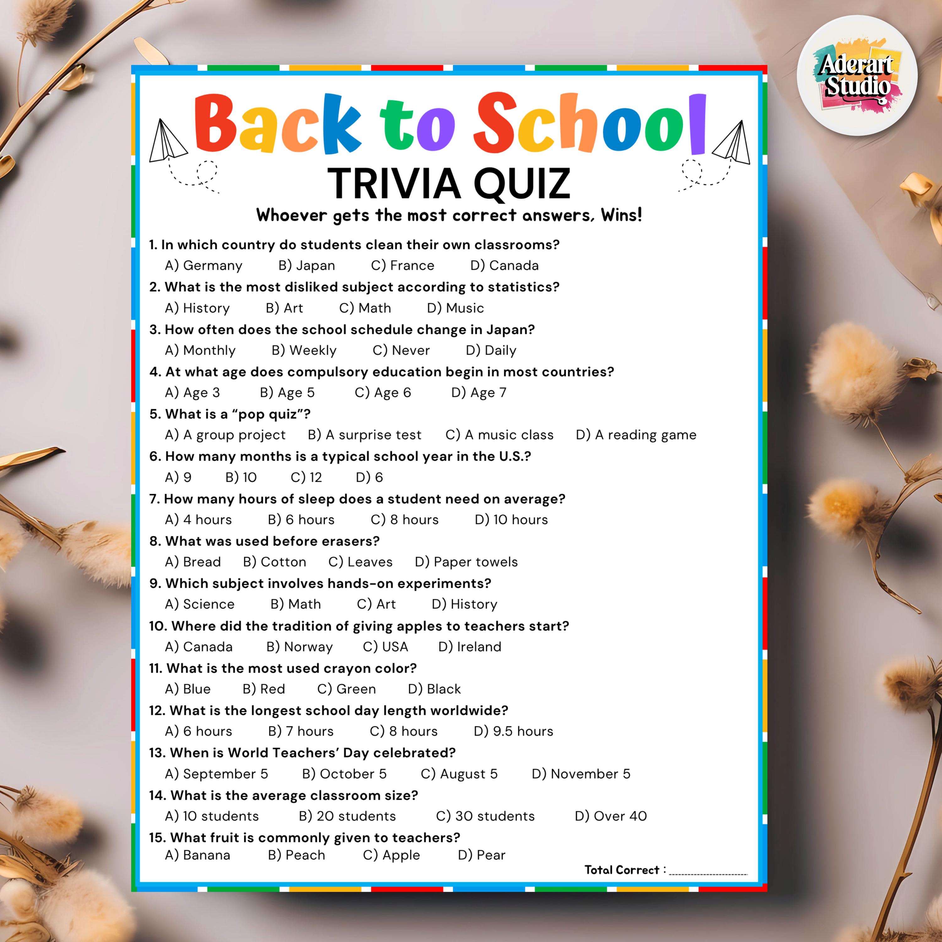 Back to School Trivia Game, Printable Trivia Game, First Day of School ...