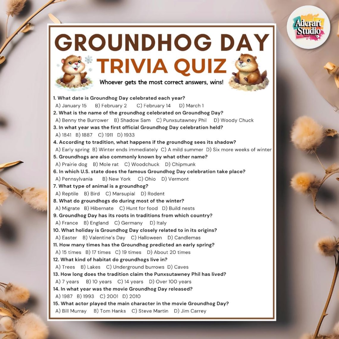 Groundhog Day Trivia Game, Printable Groundhog Day Activity, Family ...
