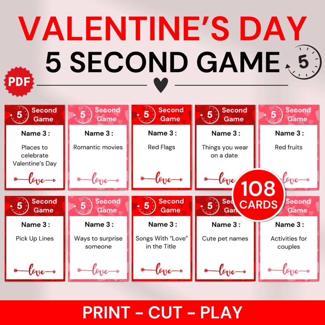 Valentine's Day 5 Second Game, Valentines Party Game, Printable ...