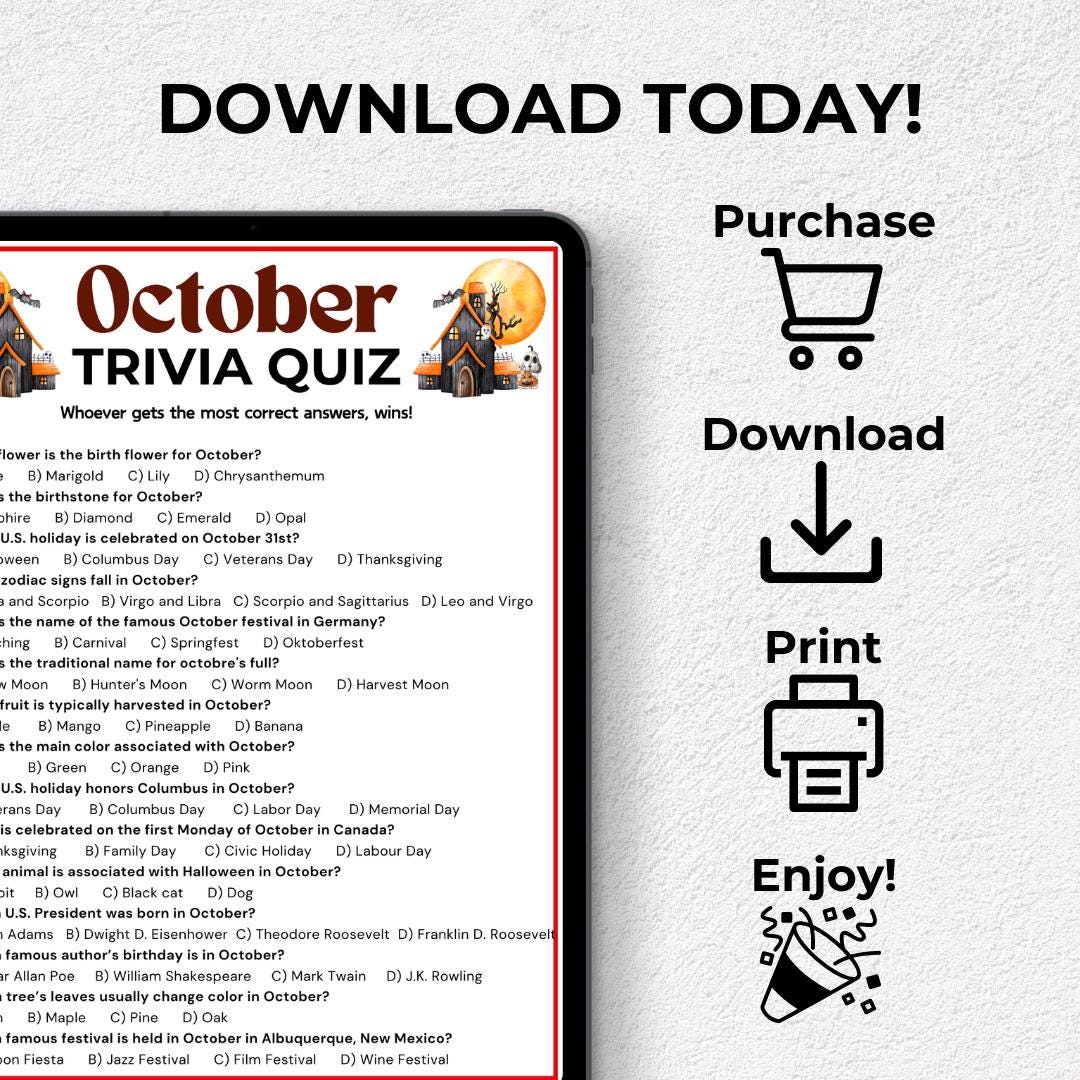 October Trivia Game, Autumn Trivia Quiz, Fall Party Game, Printable ...