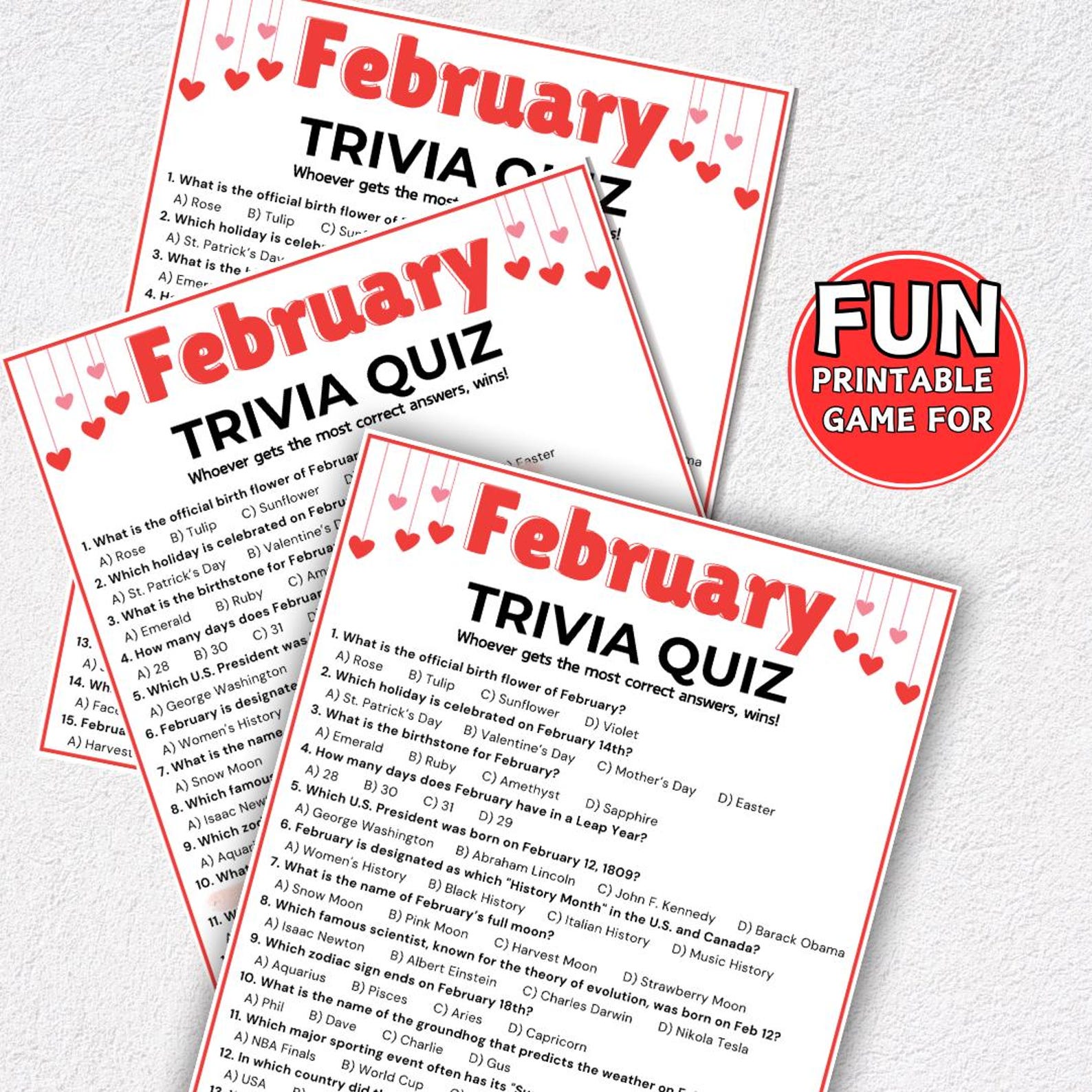 February Trivia Game, Valentines Day Trivia Quiz, Winter Season Games ...