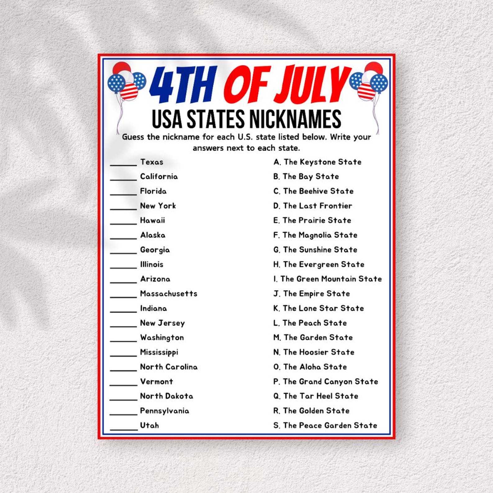 4th of July State Nickname Match up Game, Printable 4th of July Game ...
