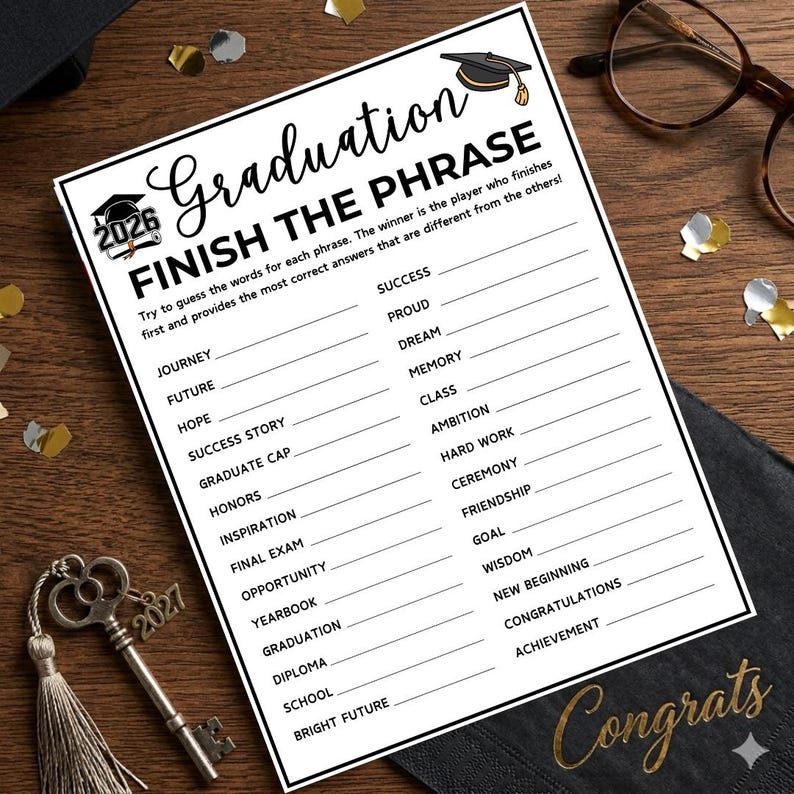 Graduation Finish the Phrase Game, Finish My Phrase, Printable Word ...