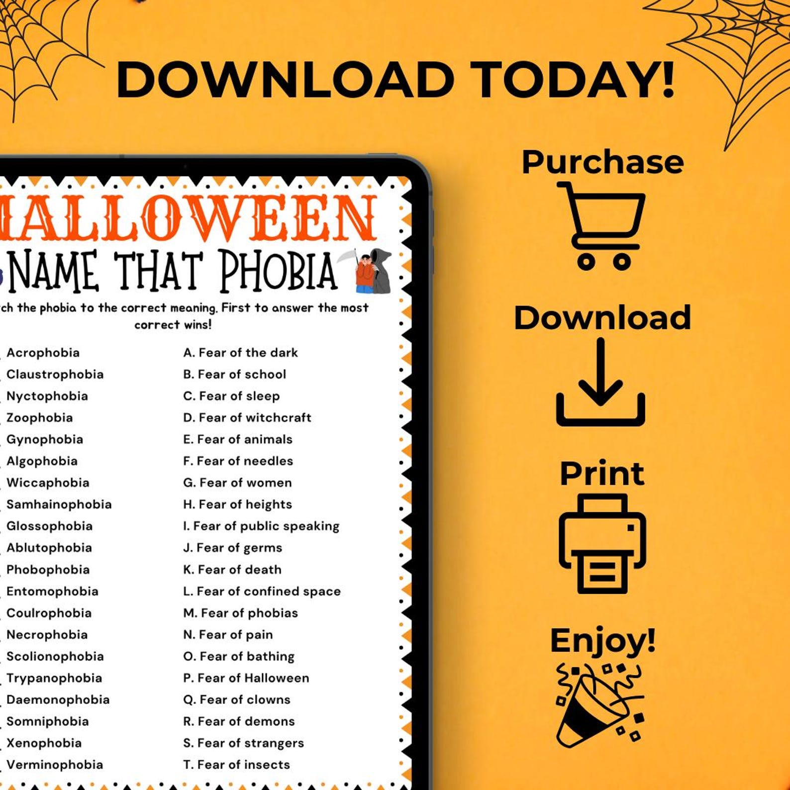 Halloween Name the Phobia Match Game, Phobia Trivia Game, Printable ...