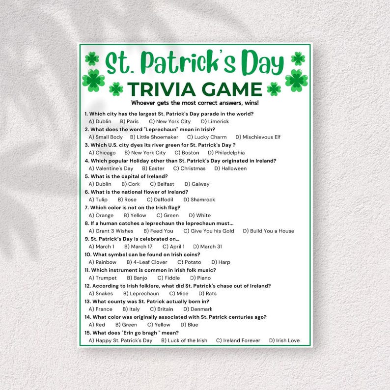 St. Patrick's Day Trivia Game, Printable St Patricks Day Games, Holiday ...