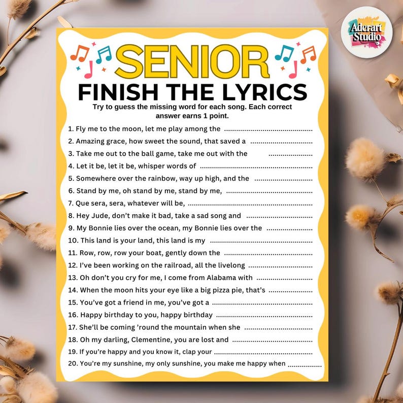 Printable Finish the Lyrics Game, Song Game for Seniors Citizens, Song ...
