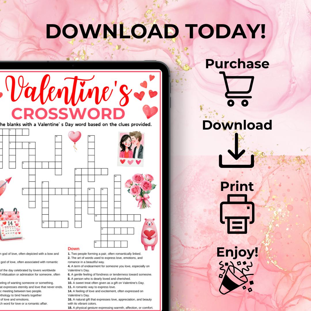 Printable Valentines Day Crossword Puzzle, Valentine Party Game for ...
