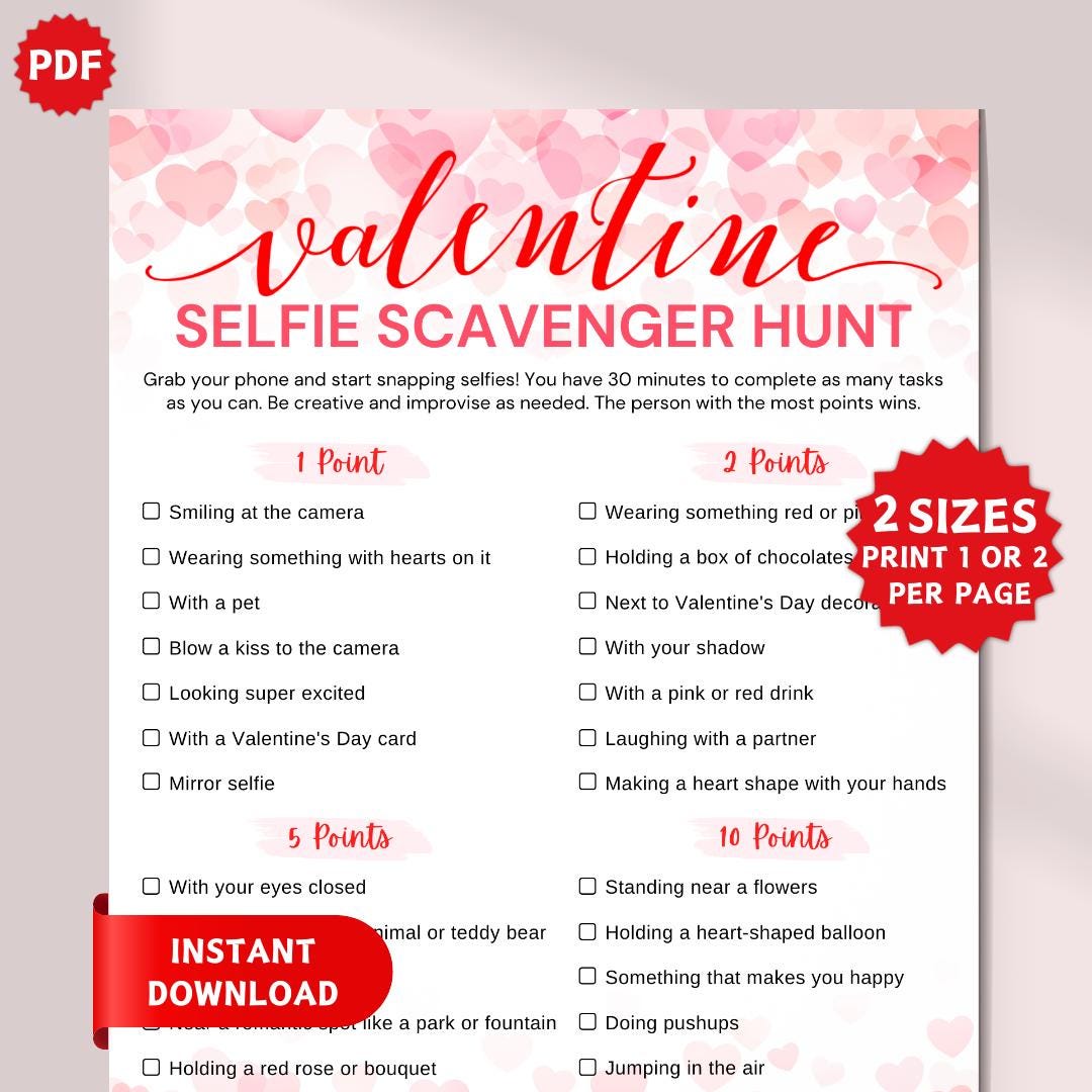 Valentine's Day Selfie Scavenger Hunt Game, Valentines Party Game, Fun ...