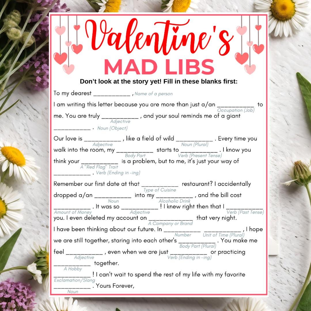 Valentine's Day Mad Libs, Printable Valentines Story, Valentine Party ...