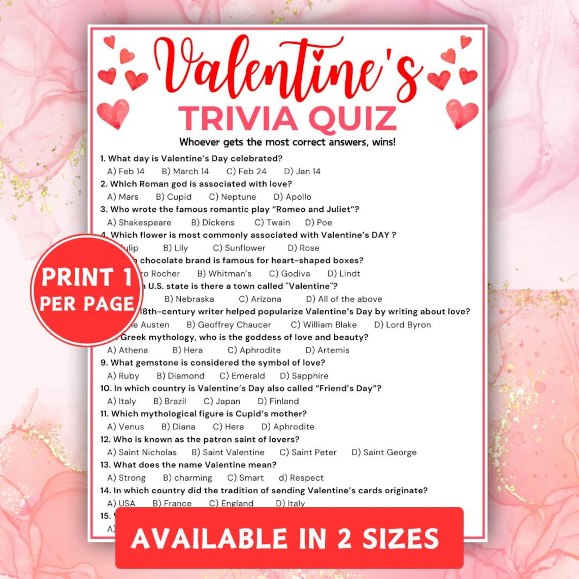 Valentine's Day Trivia Game, Printable Valentines Day Party Game ...