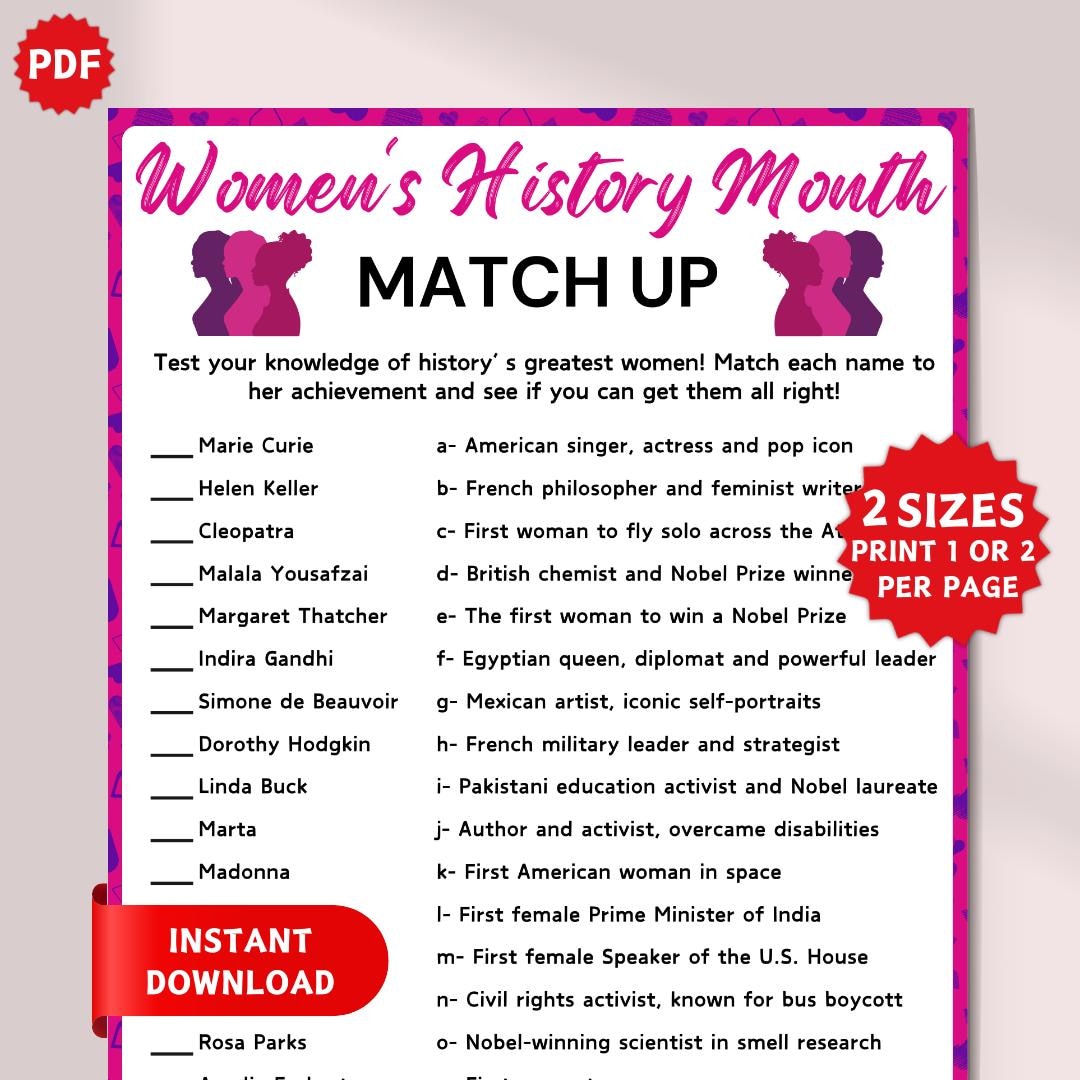 Women's History Month Match up Game, Women's Day Games, Famous Women ...