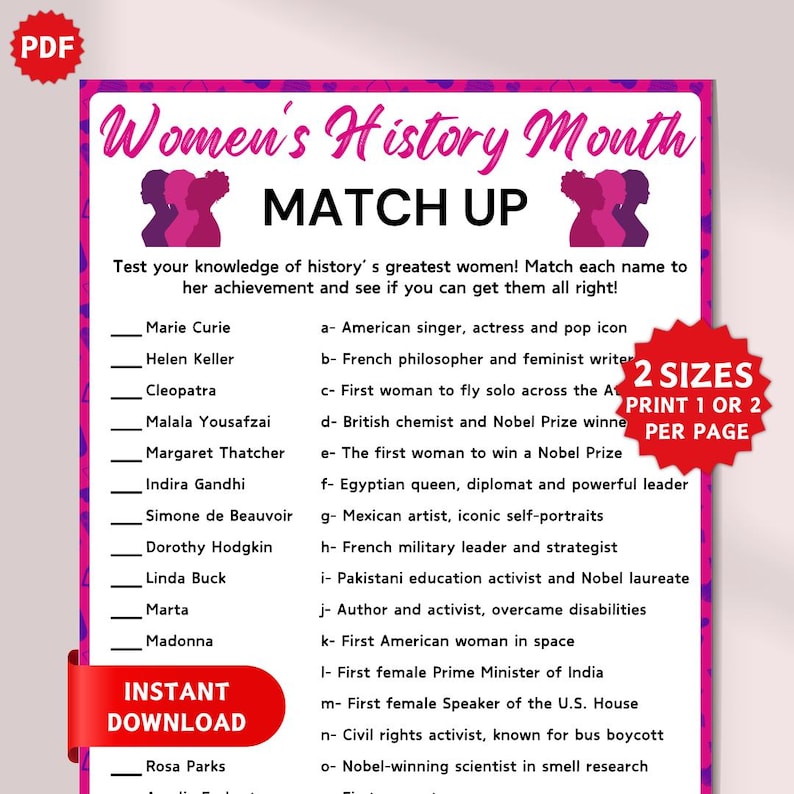 Women's History Month Match up Game, Women's Day Games, Famous Women ...