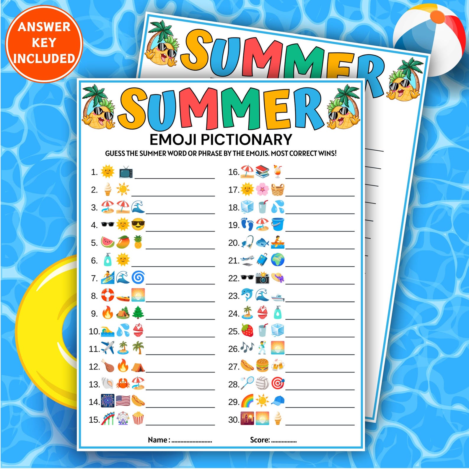 Summer Emoji Game, Printable Summer Emoji Pictionary, Trivia Game ...