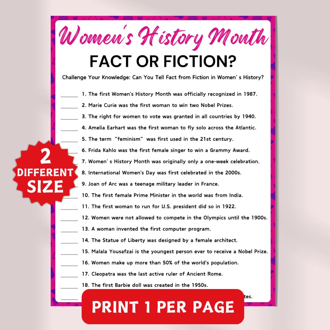 Women's History Month Fact or Fiction Game, Women's Day Quiz, Fun ...