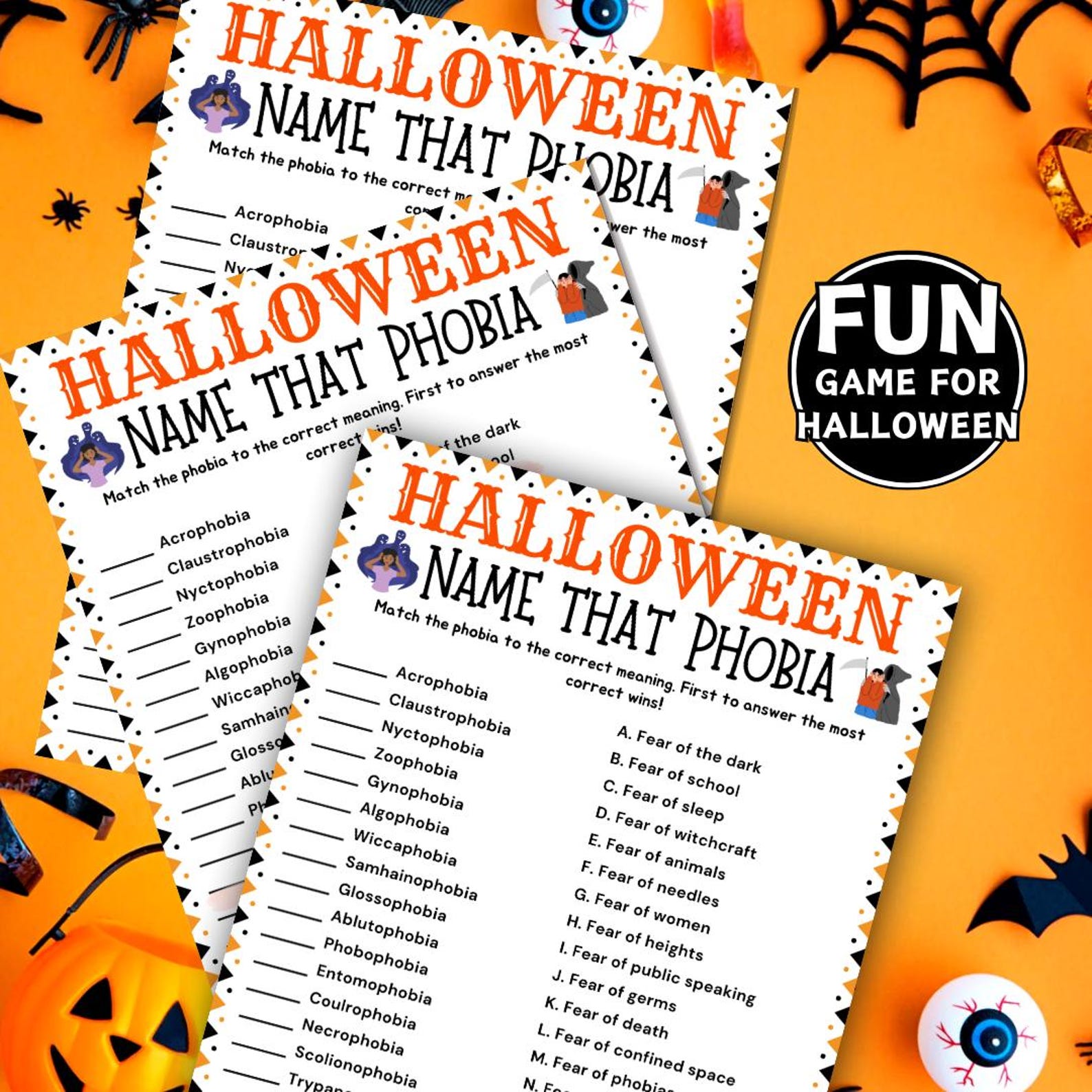Halloween Name the Phobia Match Game, Phobia Trivia Game, Printable ...