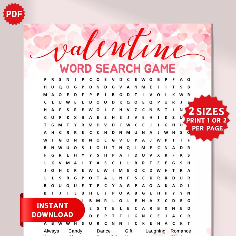 Valentine's Day Word Search Puzzle Printable, Valentine Party Game ...