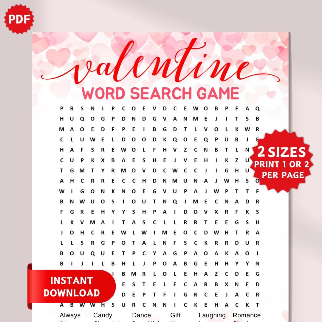 Valentine's Day Word Search Puzzle Printable, Valentine Party Game ...