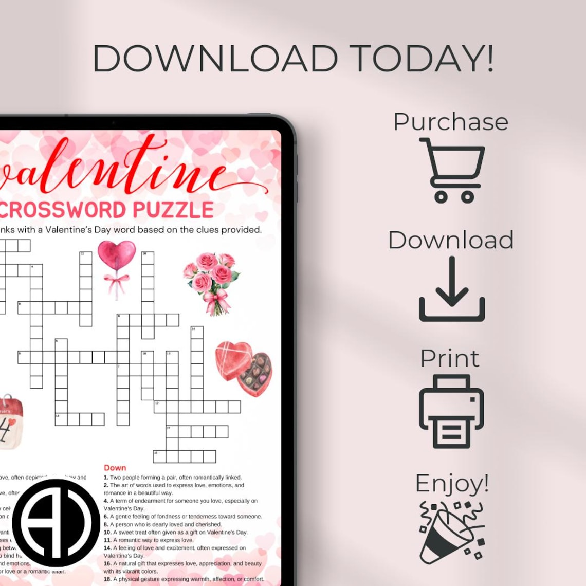 Printable Valentines Day Crossword Puzzle, Valentine Party Game for ...