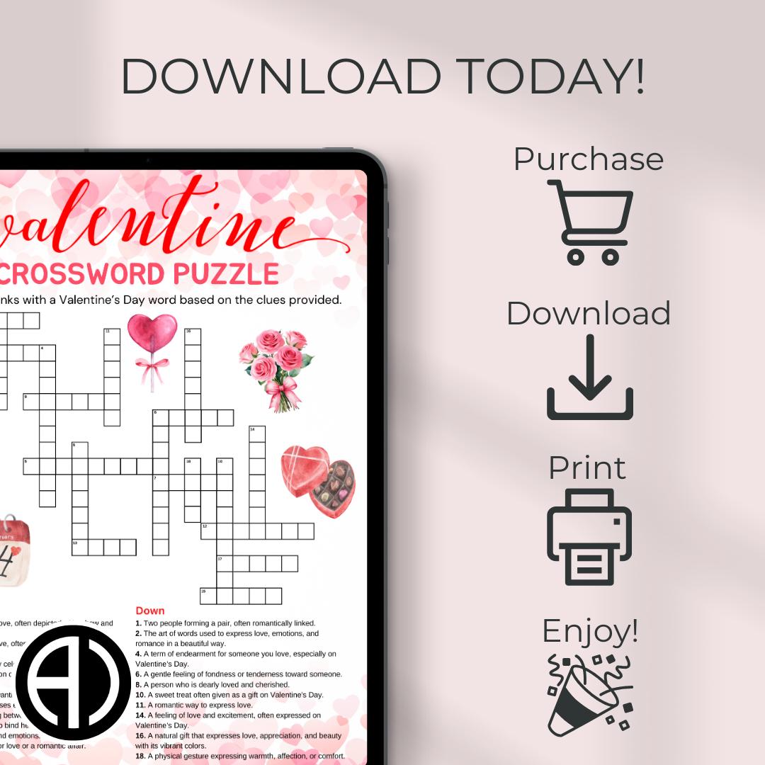 Printable Valentines Day Crossword Puzzle, Valentine Party Game for ...