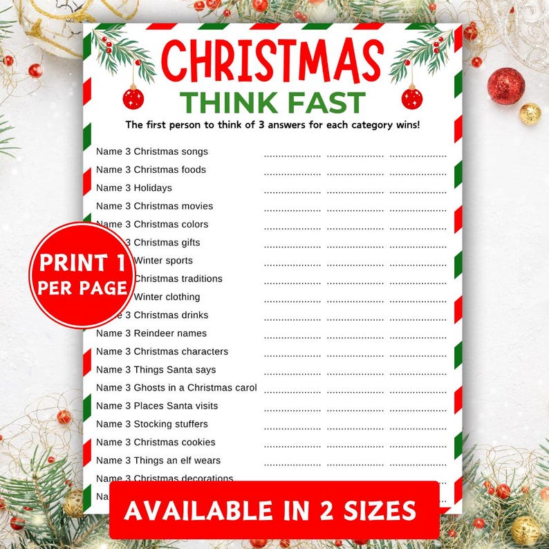 Christmas Think Fast Game! Printable Christmas Games, Think Quick ...