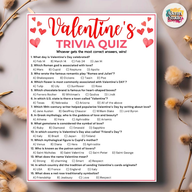 Valentine's Day Trivia Game, Printable Valentines Day Party Game ...