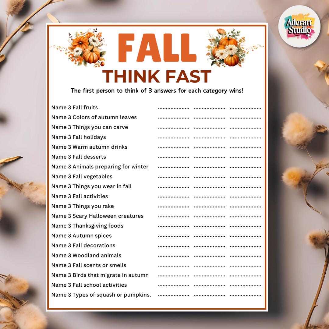Fall Think Fast Game! Printable Fall Games, Think Quick Trivia Game ...