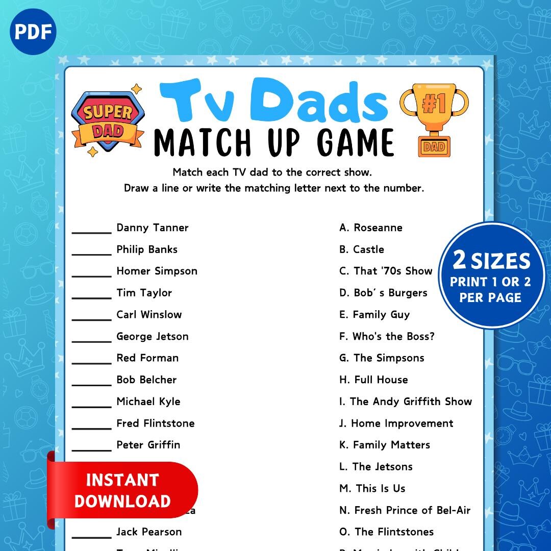 Famous TV Dads Match up Game, Famous TV Dads Trivia, Fathers Day Party ...