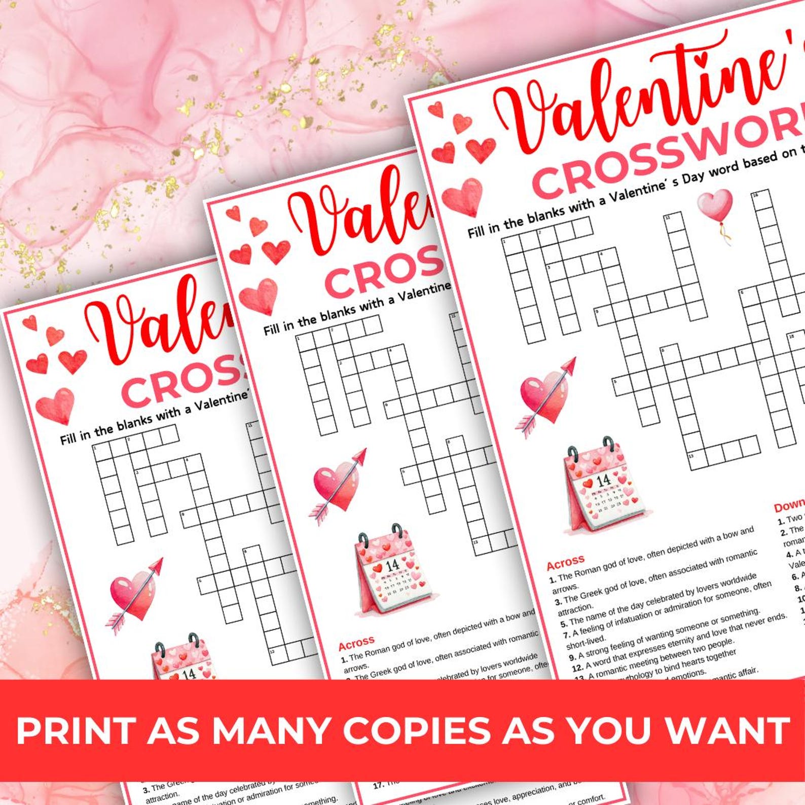 Printable Valentines Day Crossword Puzzle, Valentine Party Game for ...