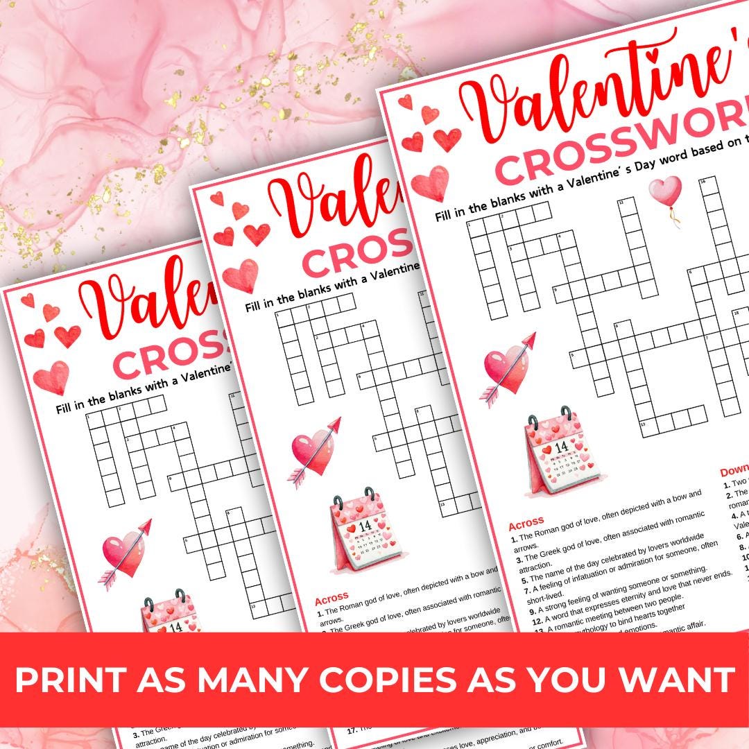 Printable Valentines Day Crossword Puzzle, Valentine Party Game for ...