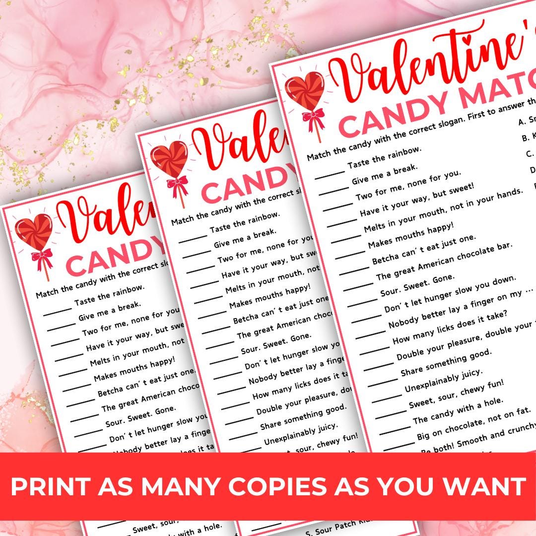 Valentines Candy Match Game, Candy Slogan Trivia Game, Printable ...