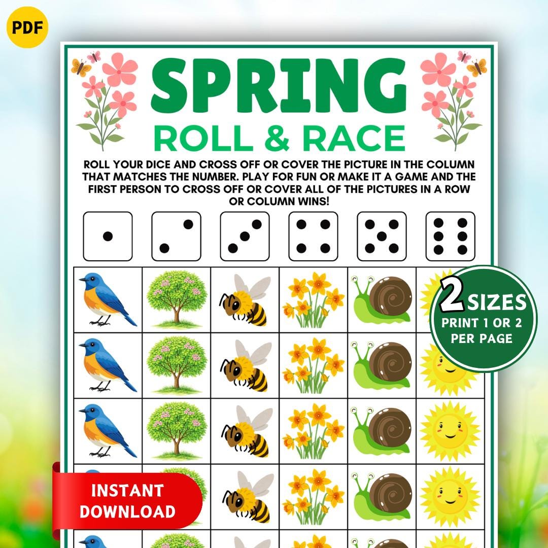 Spring Roll and Race Game, Printable Spring Dice Game for Kids & Adults ...