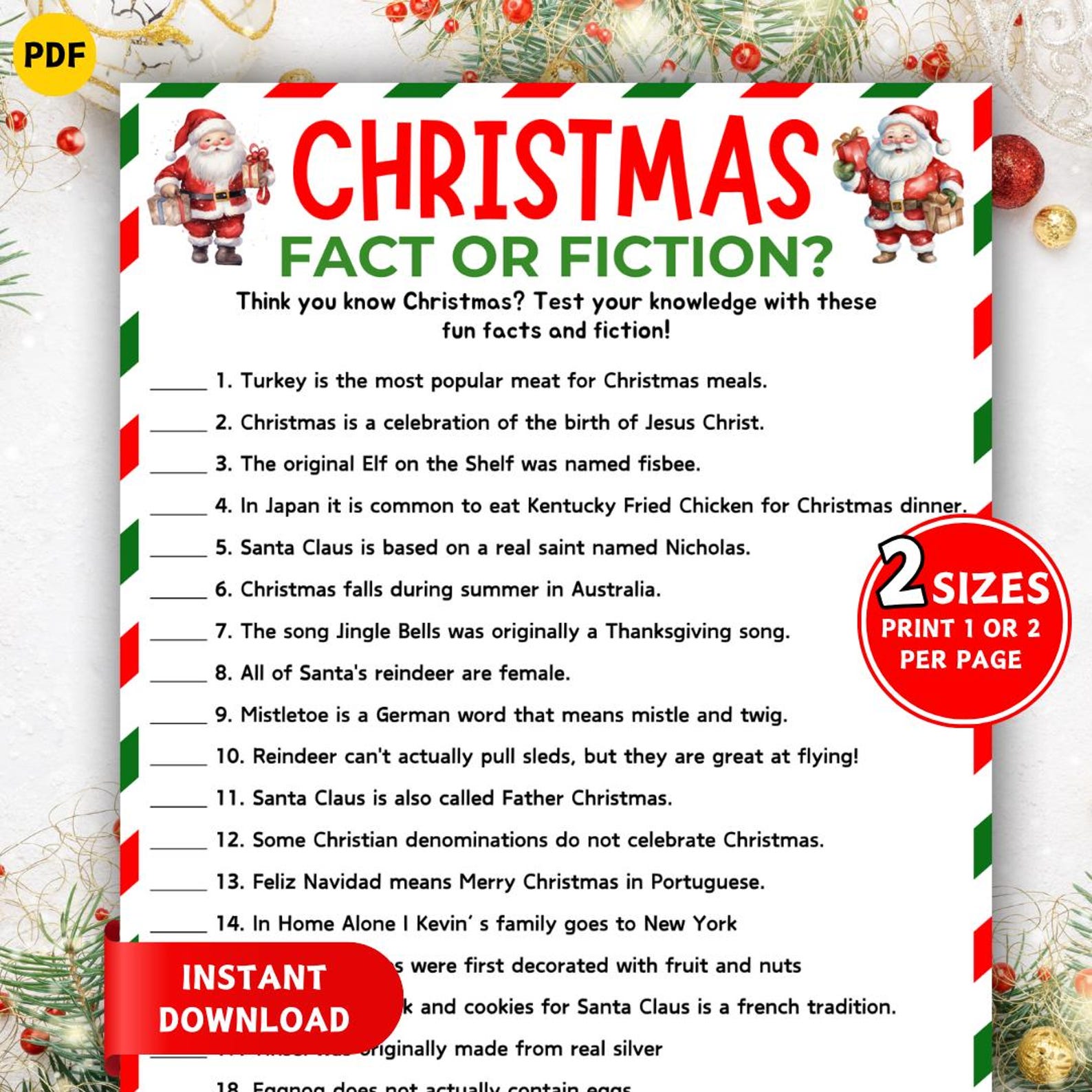 Christmas Fact or Fiction Game, Printable Holiday Trivia Party Game ...