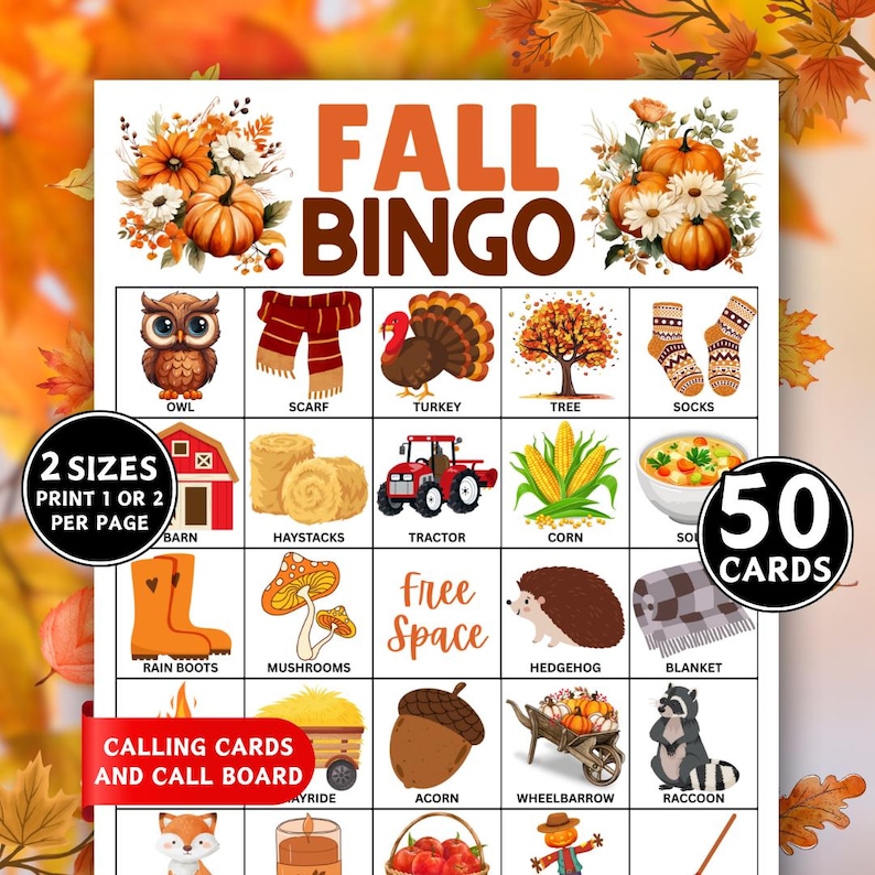 50 Fall Bingo Cards, Autumn Bingo, Fall Themed Bingo Cards PDF, Bingo ...