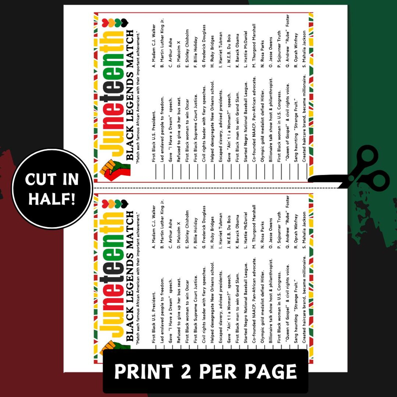 Juneteenth Black Legends Match Game, Printable Juneteenth Black History ...