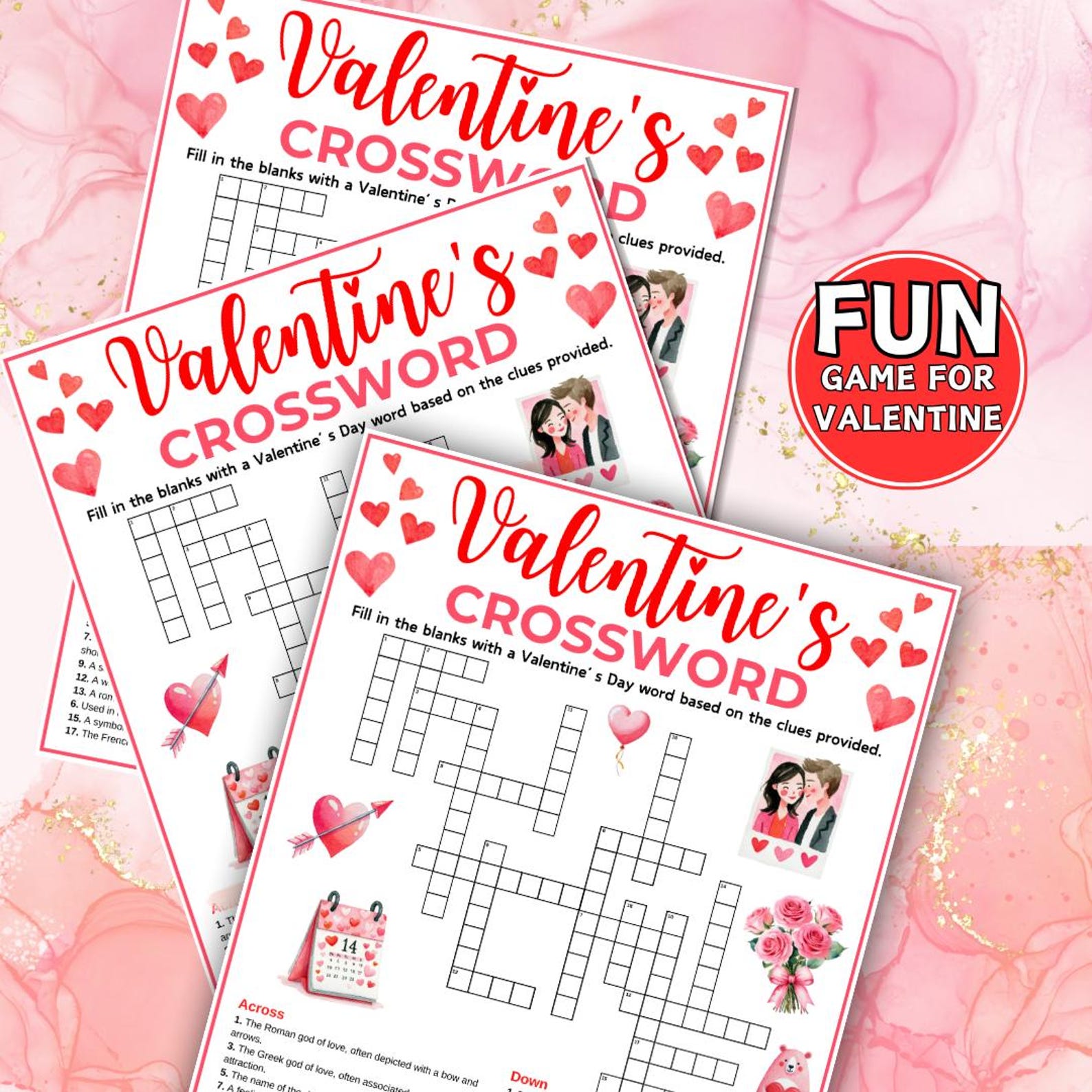 Printable Valentines Day Crossword Puzzle, Valentine Party Game for ...