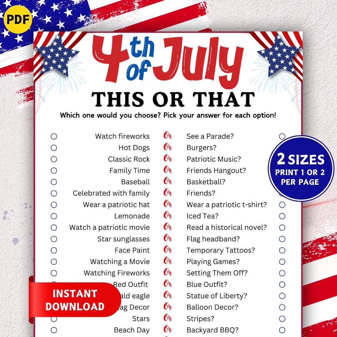 Printable 4th of July This or That Game, Would You Rather Questions ...
