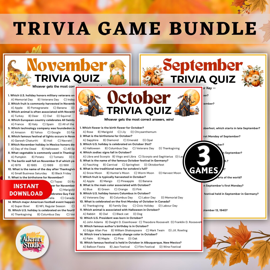 Fall Trivia Bundle, Autumn Trivia Quiz, Printable Trivia Games, Month ...