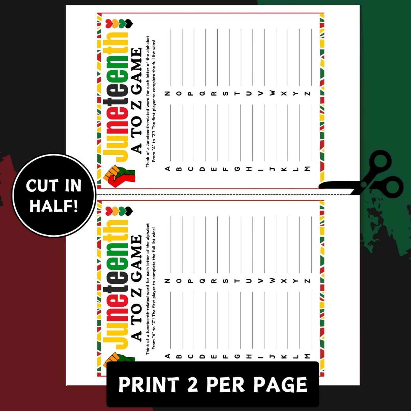 Printable Juneteenth A to Z Game, A-Z Race Game, Juneteenth Games, Fun ...