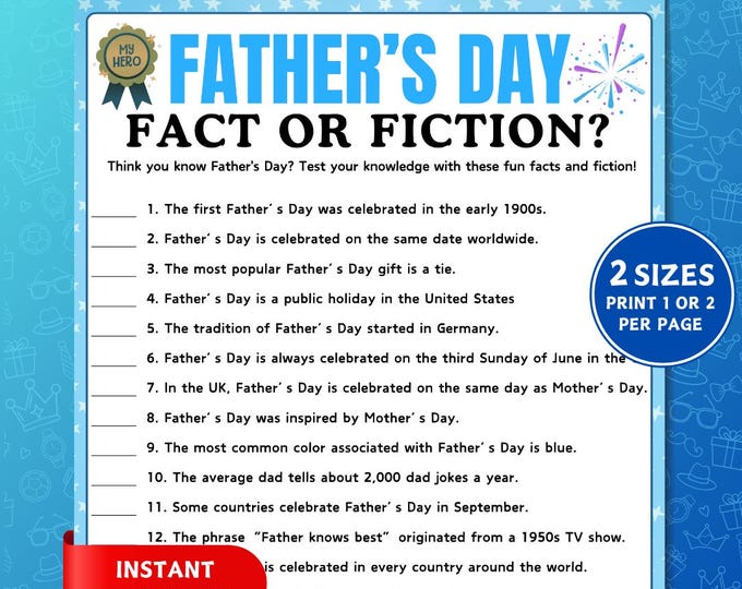 Father's Day Fact or Fiction Game, Printable Fathers Day Fact Quiz ...